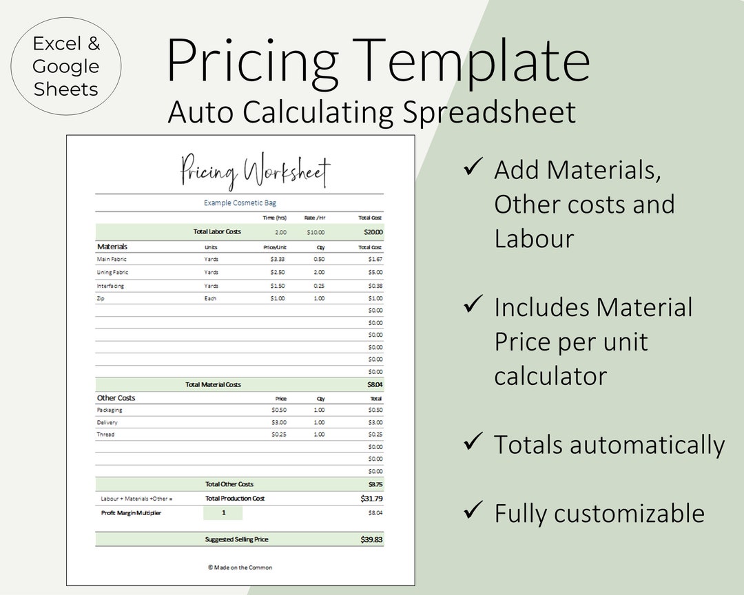 Pricing Calculator Worksheet to Price Handmade Products Auto ...