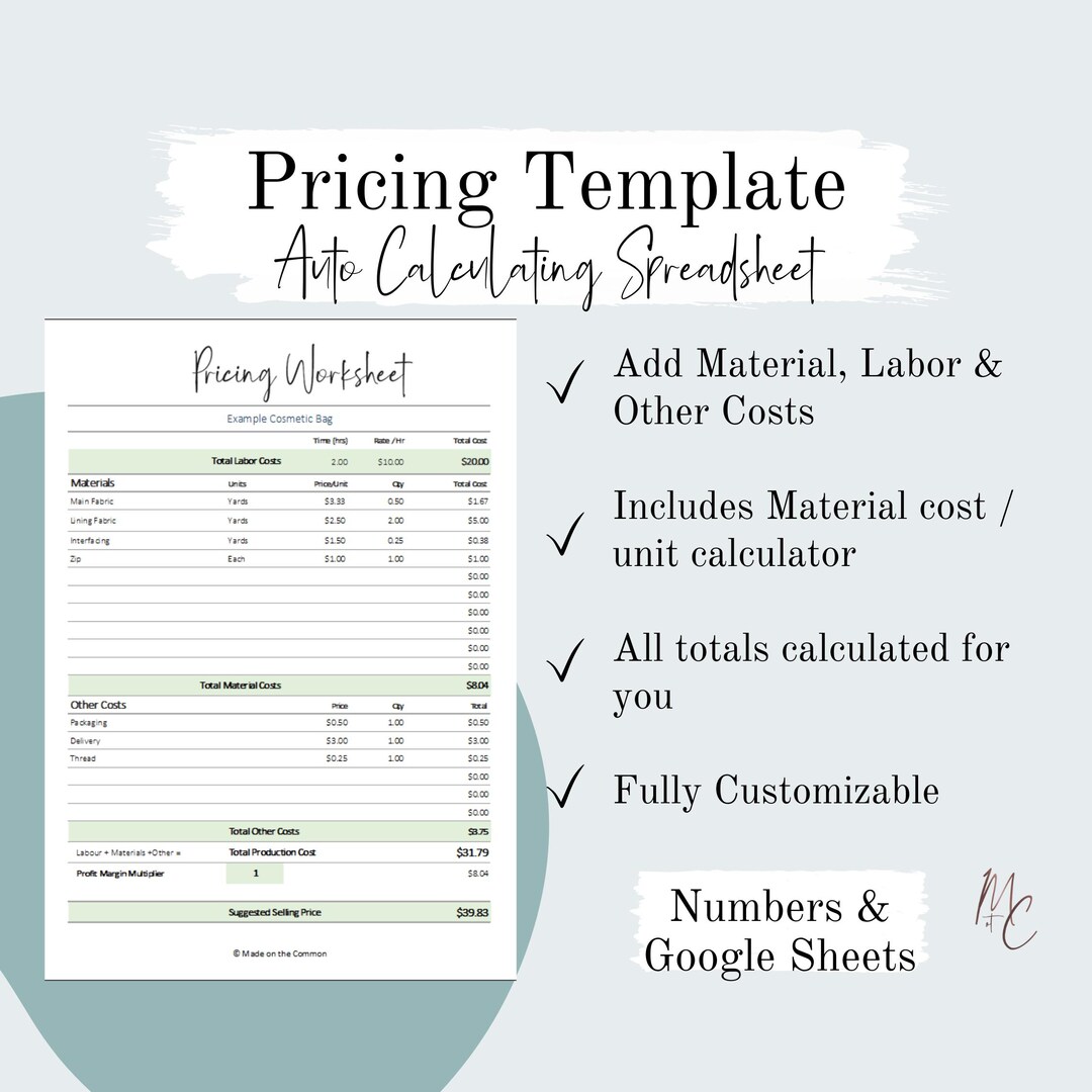Pricing Calculator: Handmade Product Cost Spreadsheet for Numbers ...