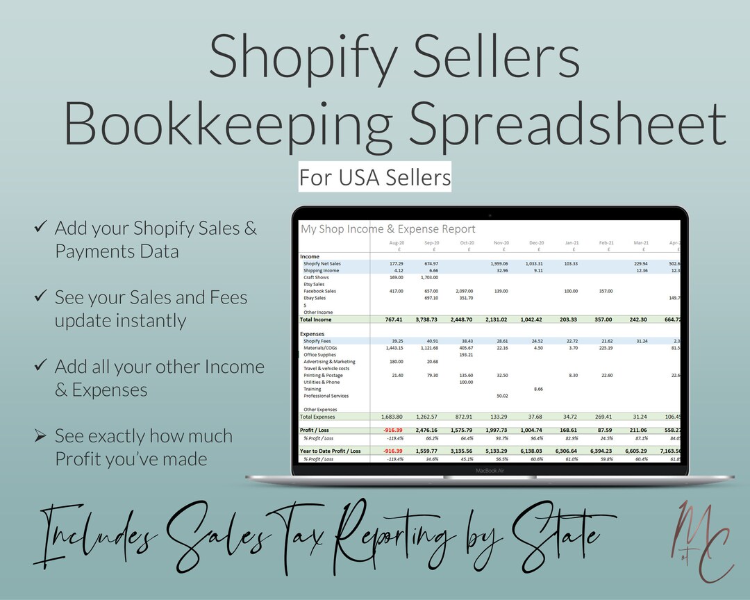 Shopify Bookkeeping Spreadsheet USA Uses CSV Downloads Accounting Sales, Income, Sales Tax, Fees ...