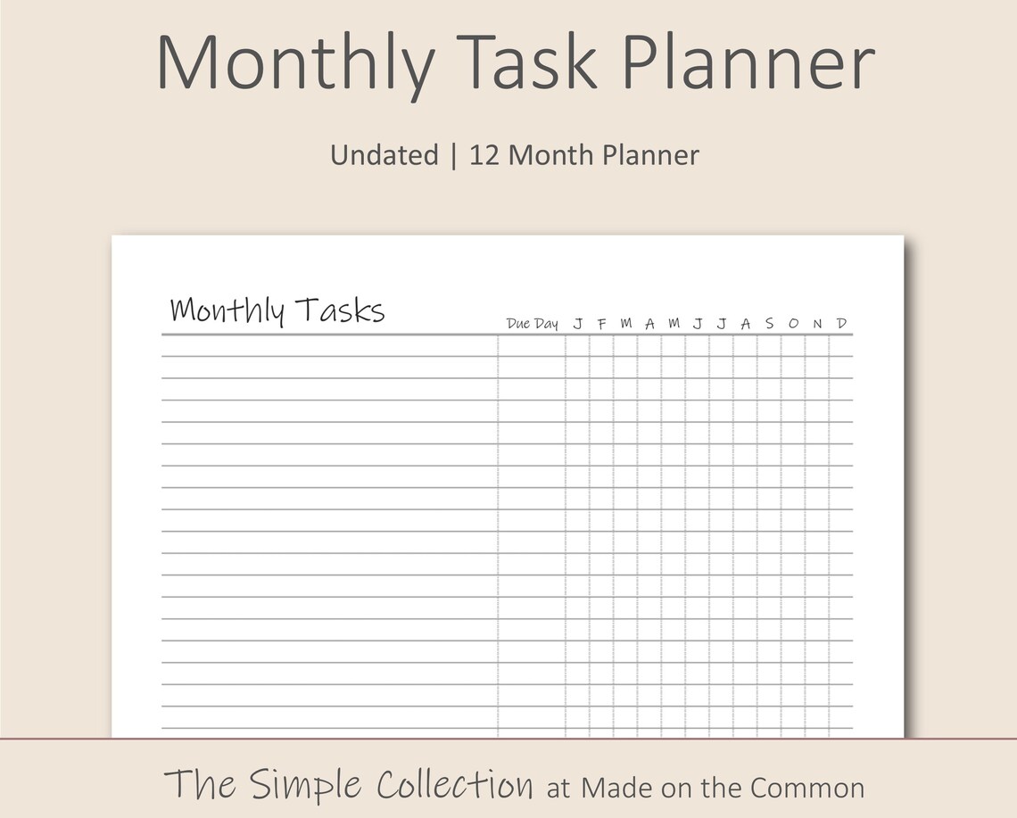 Printable Monthly Task Planner Insert Undated 12 mth To-Do | Etsy
