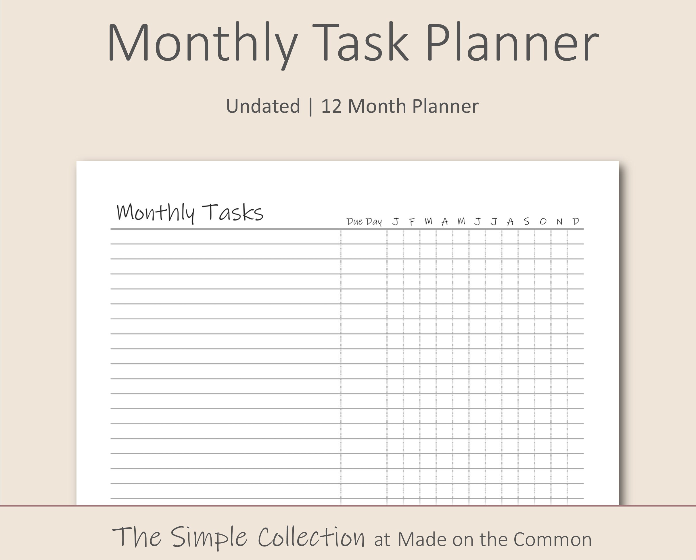 Printable Monthly Task Planner Insert Undated 12 mth To-Do | Etsy