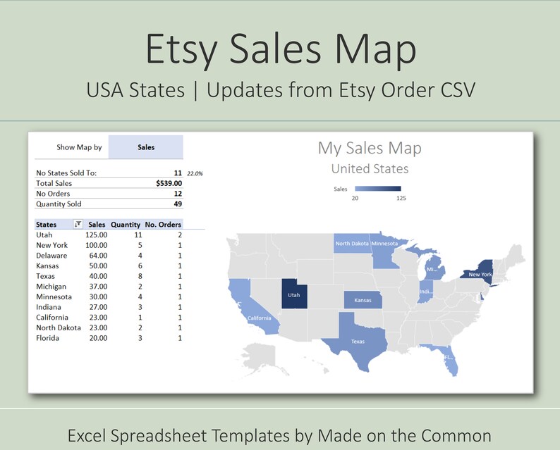 Etsy Sales Map by US State: Automated Excel Template - Etsy
