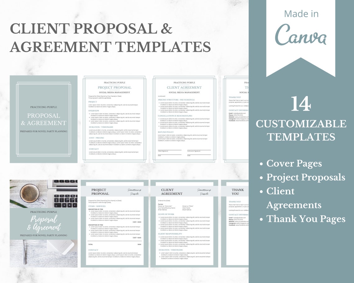 Client Proposal Agreement Canva Template Blue And Teal Etsy