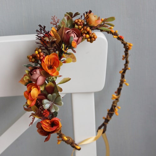 Rust Orange Flower Crown Fall Wedding Crown Boho Floral - Etsy