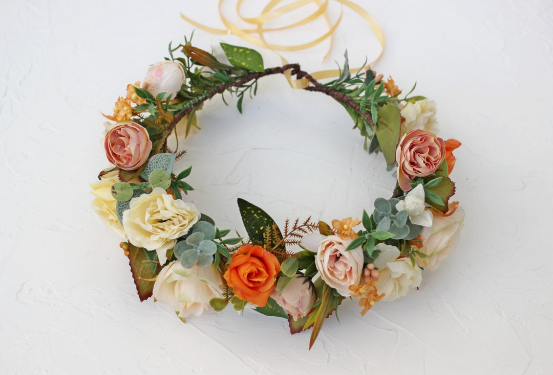 Peach Orange Flower Crown, Fall Wedding Floral Headpiece, Bridal Flower ...