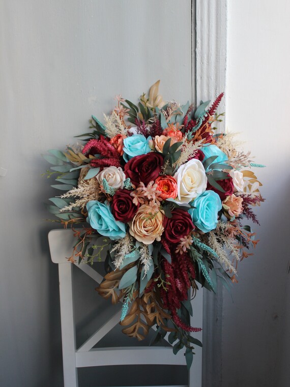 Rust Teal Burgundy Wedding Bouquet Cascading Bouquet Fall | Etsy