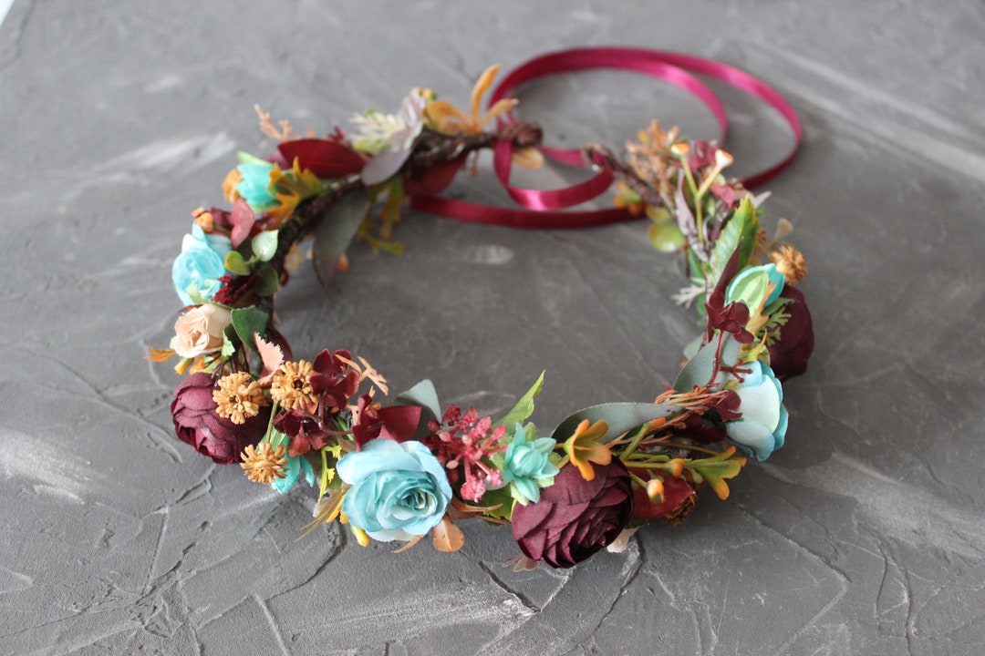 Rust Teal Burgundy Flower Crown, Teal Wedding Headpiece, Wedding Floral ...