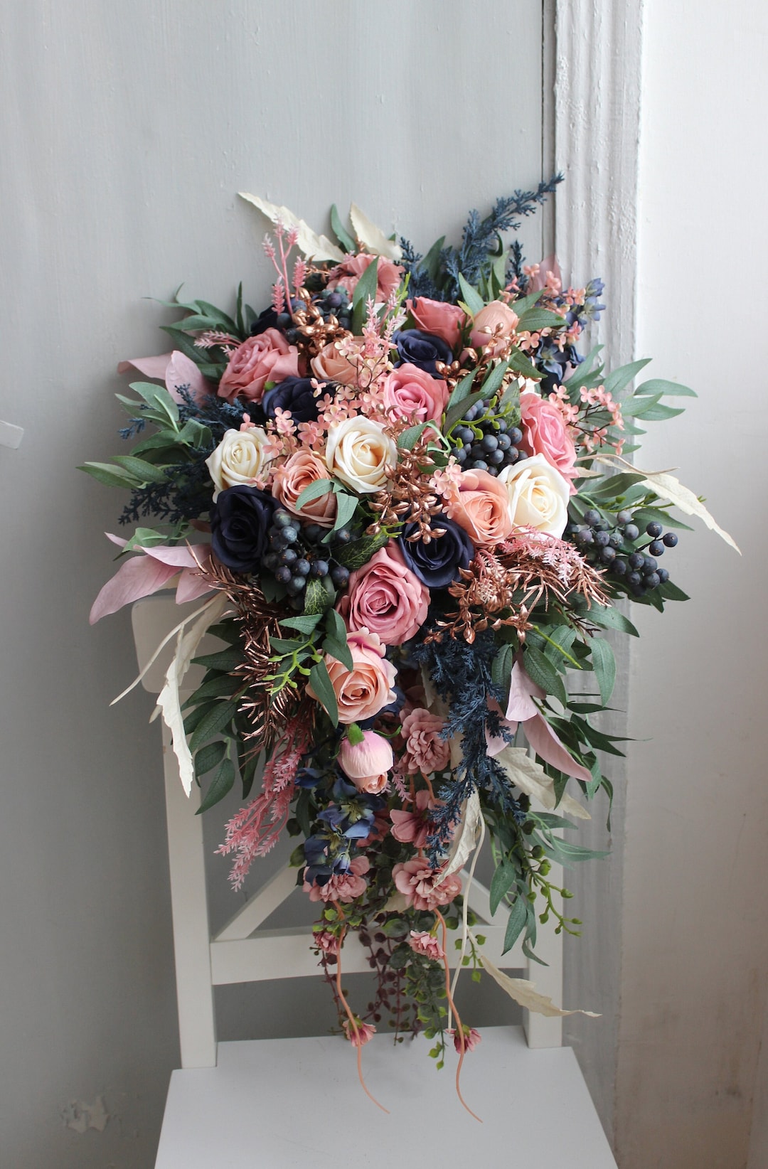 Rose Gold Navy Ivory Bouquet, Cascading Wedding Bouquet, Rose Gold ...