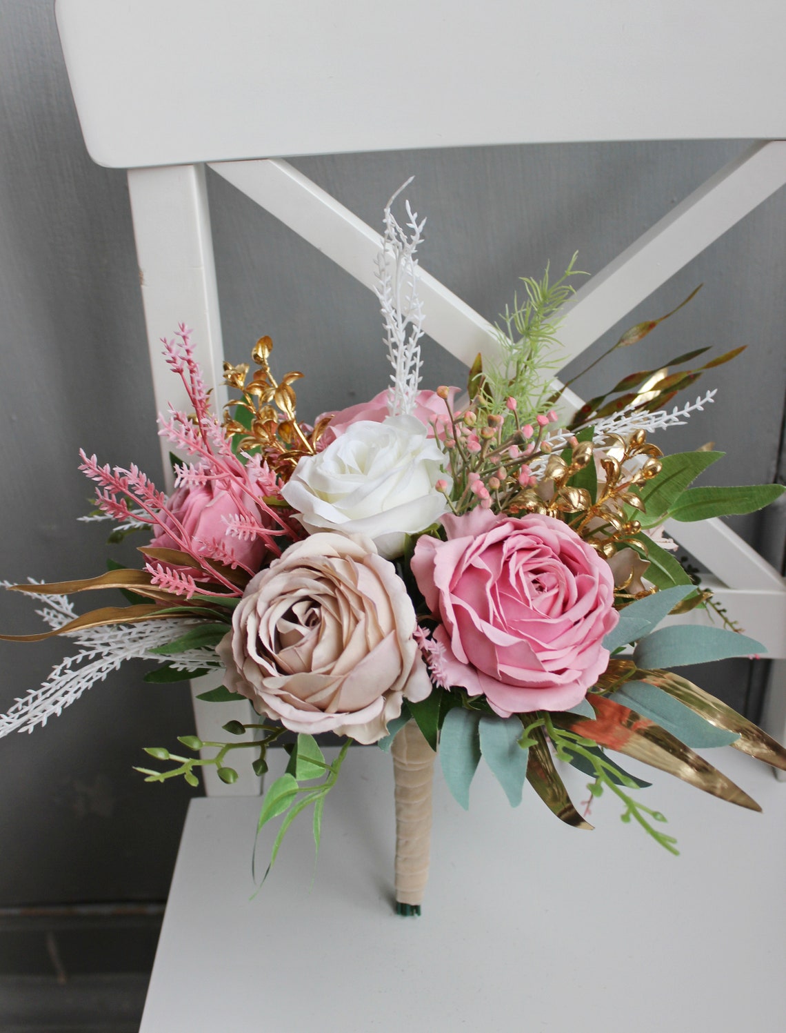 Rose gold wedding bouquet Cascading bouquet Boho bridal | Etsy