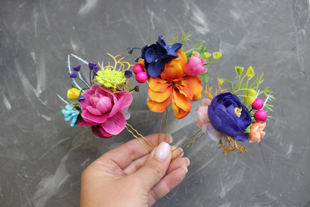 Colorful Hair Pins, Rainbow Wedding Hair Pins, Bridal Bridemaid Flower ...