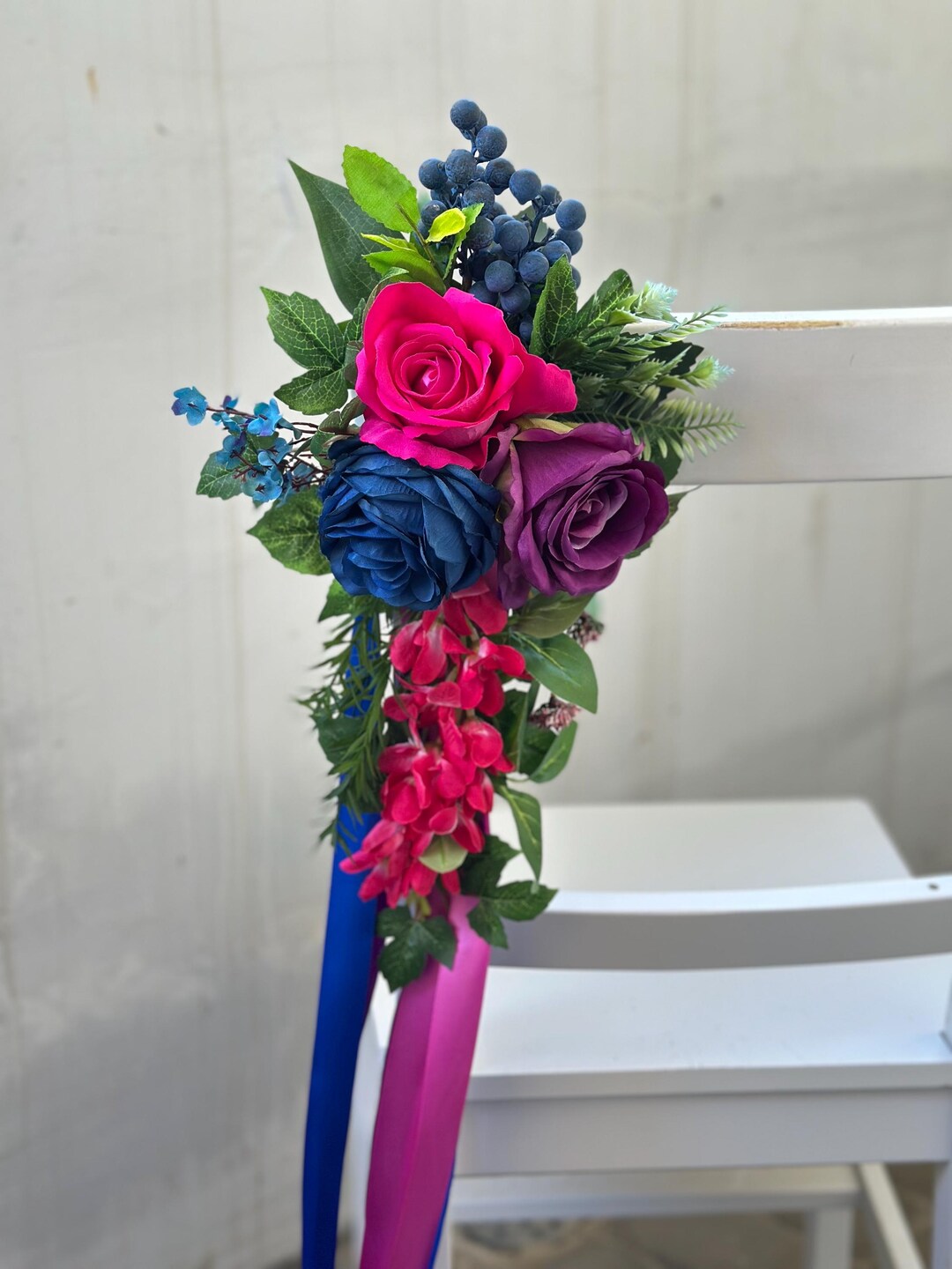 Jewel Tone Chair Flowers, Blue Purple Magenta Teal Chair Bouquet ...