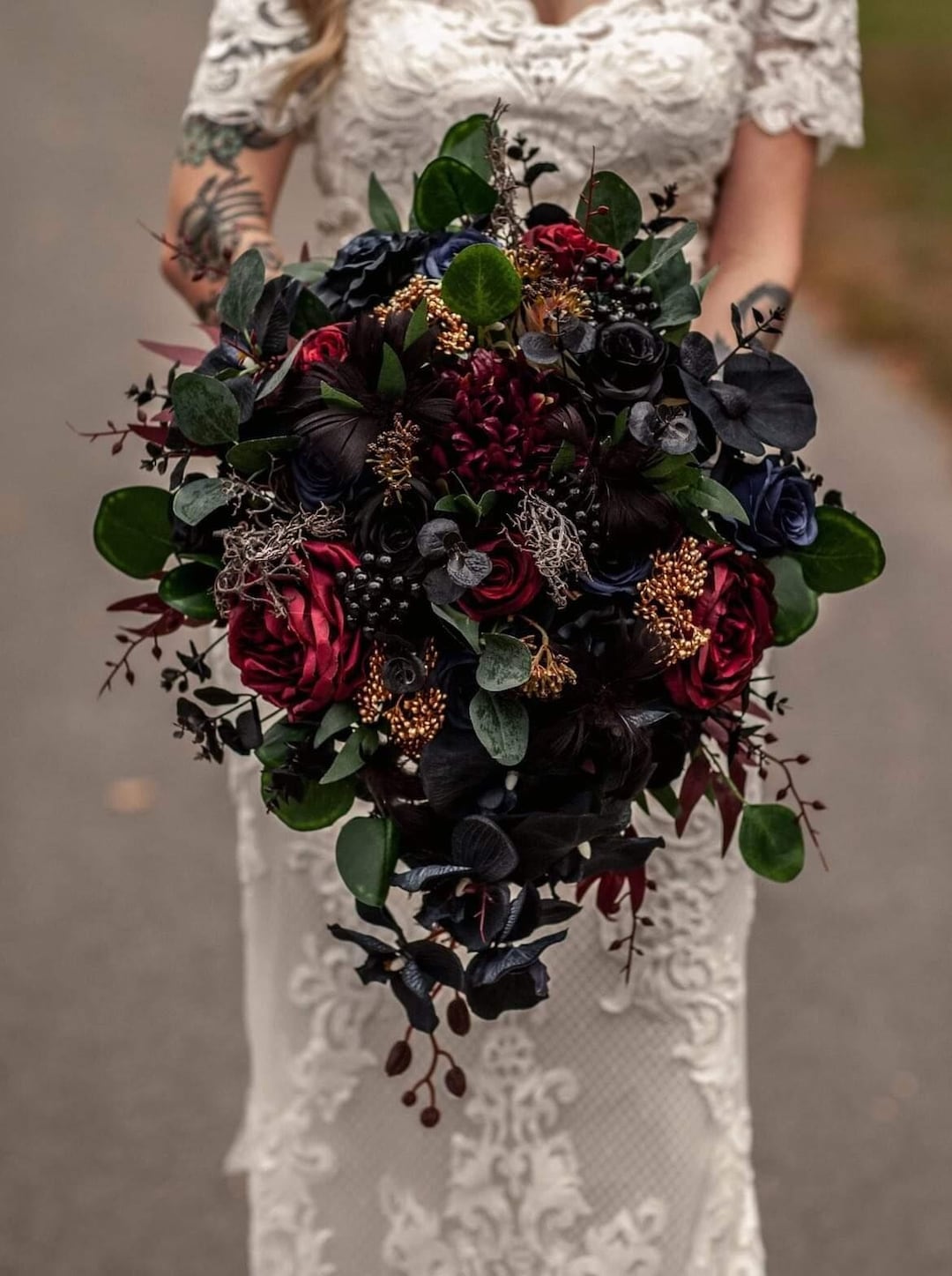 Burgundy Navy Black Gold Bouquet, Gothic Wedding Bouquet, Moody Bouquet - Etsy