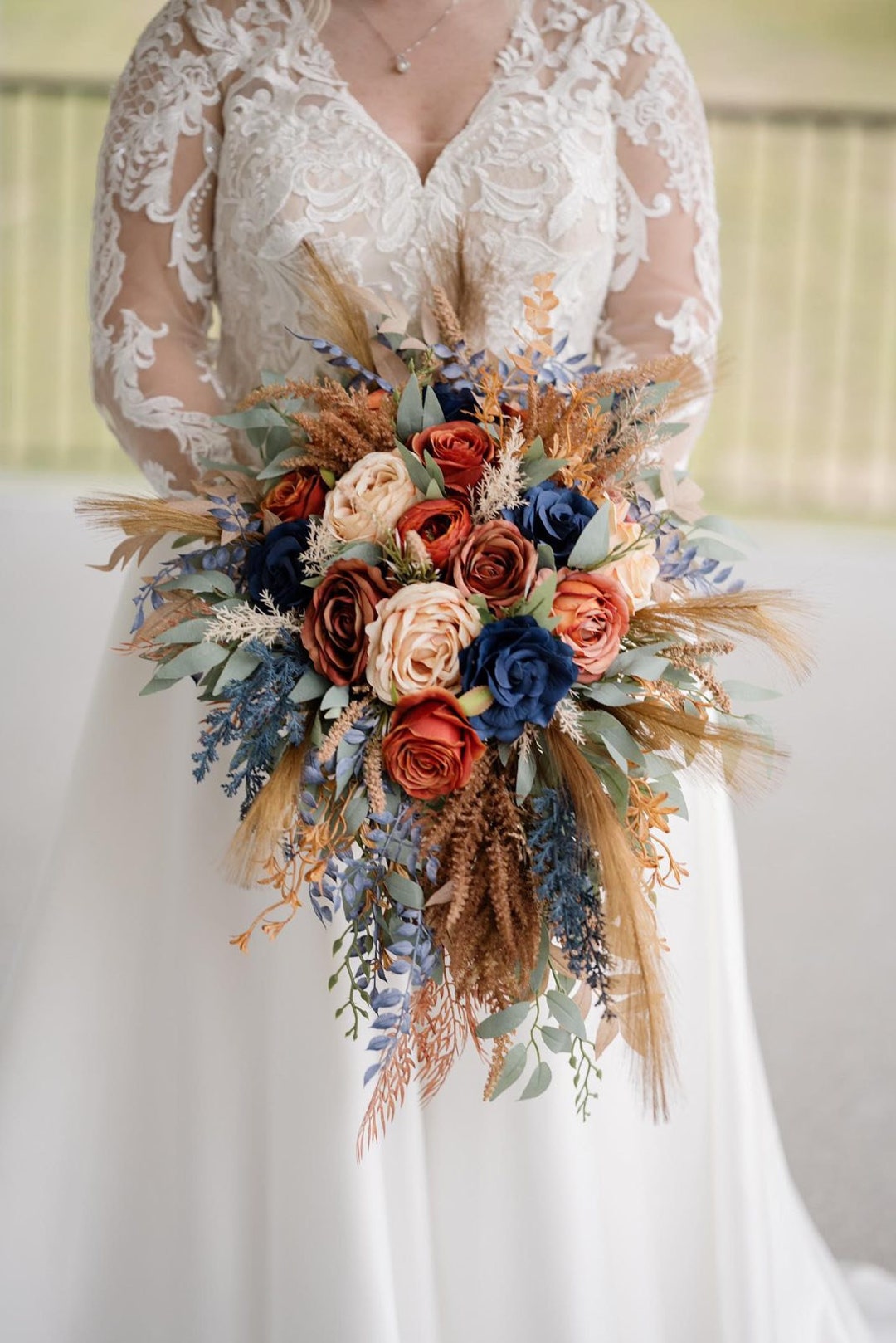 Rust Navy Wedding Bouquet, Cascading Bouquet, Fall Wedding Bouquet - Etsy