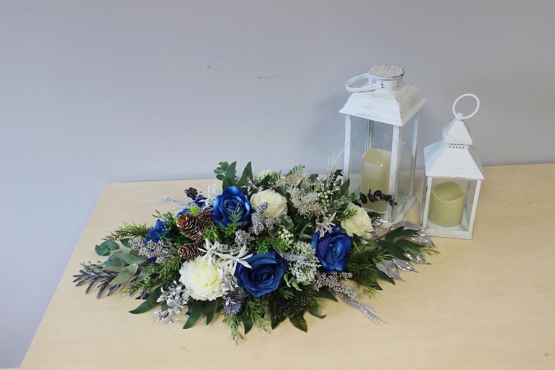 Christmas Flowers Centerpiece, Blue and White Winter Decorations ...