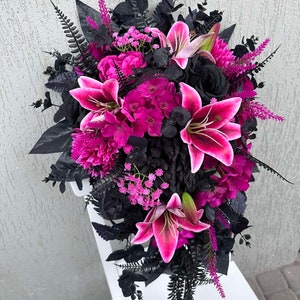 Fuchsia Black Bouquet Gothic Wedding Bouquet Cascading Hot - Etsy