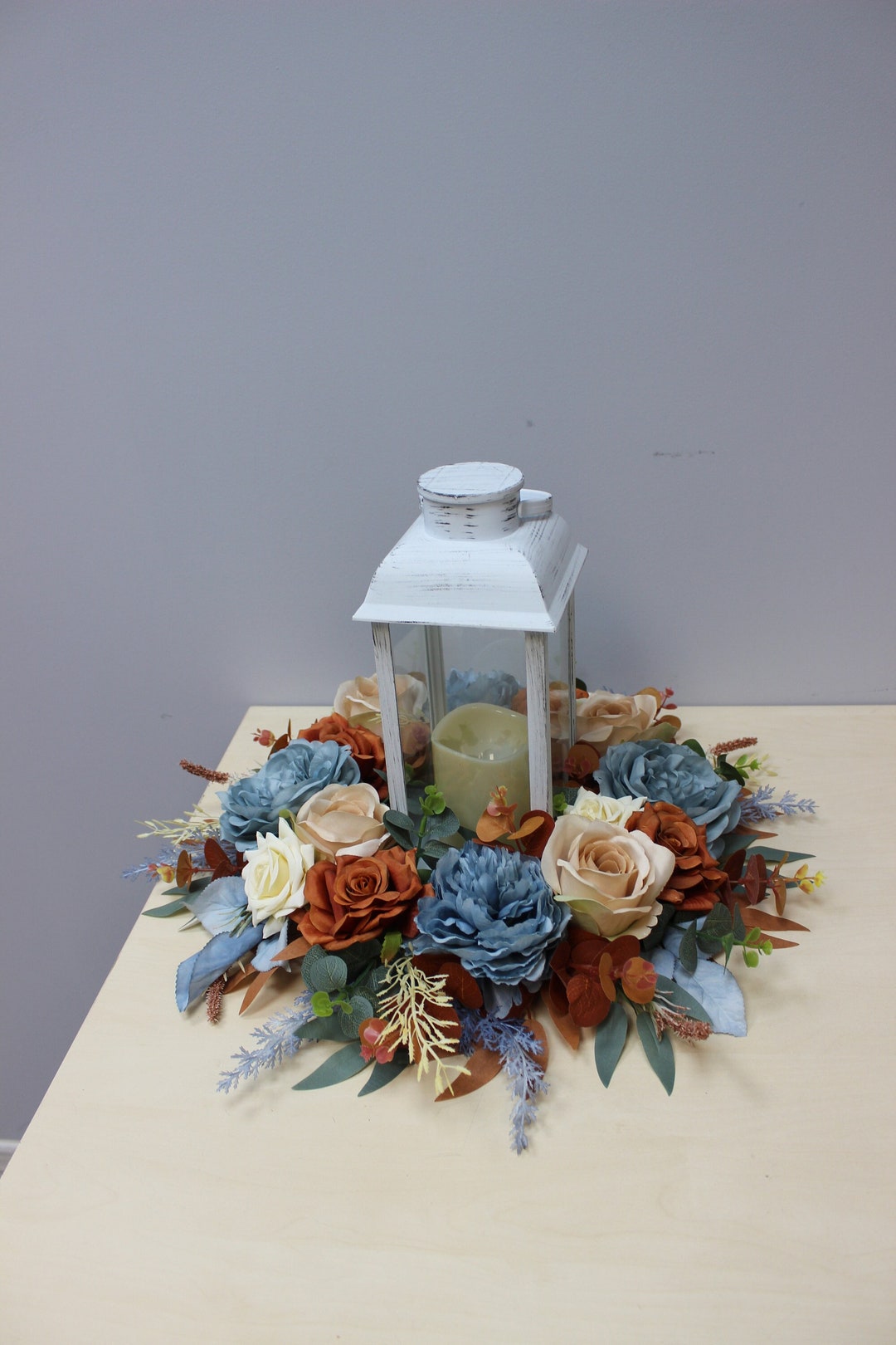 Rust Dusty Blue Wreath Centerpiece, Table Decoration, Lantern Decor ...