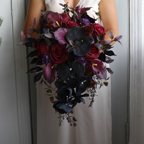 Gothic Wedding Bouquet Burgundy Black Cascading Bouquet - Etsy