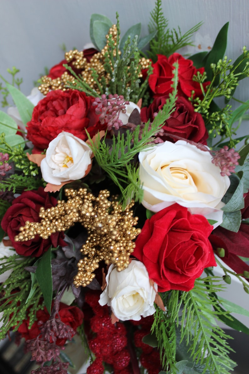 Deep Green Ivory Red Wedding Bouquet Cascading Bouquet Fall - Etsy