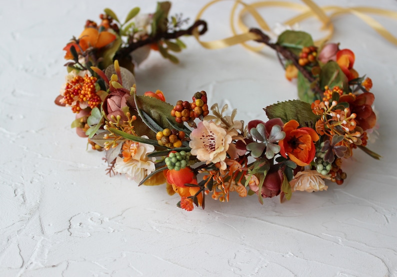 Rust orange flower crown Fall wedding crown Boho floral | Etsy