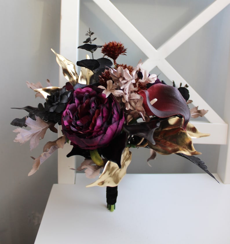 Gothic Wedding Bouquet Plum Gold Black Bouquet Moody Bouquet | Etsy