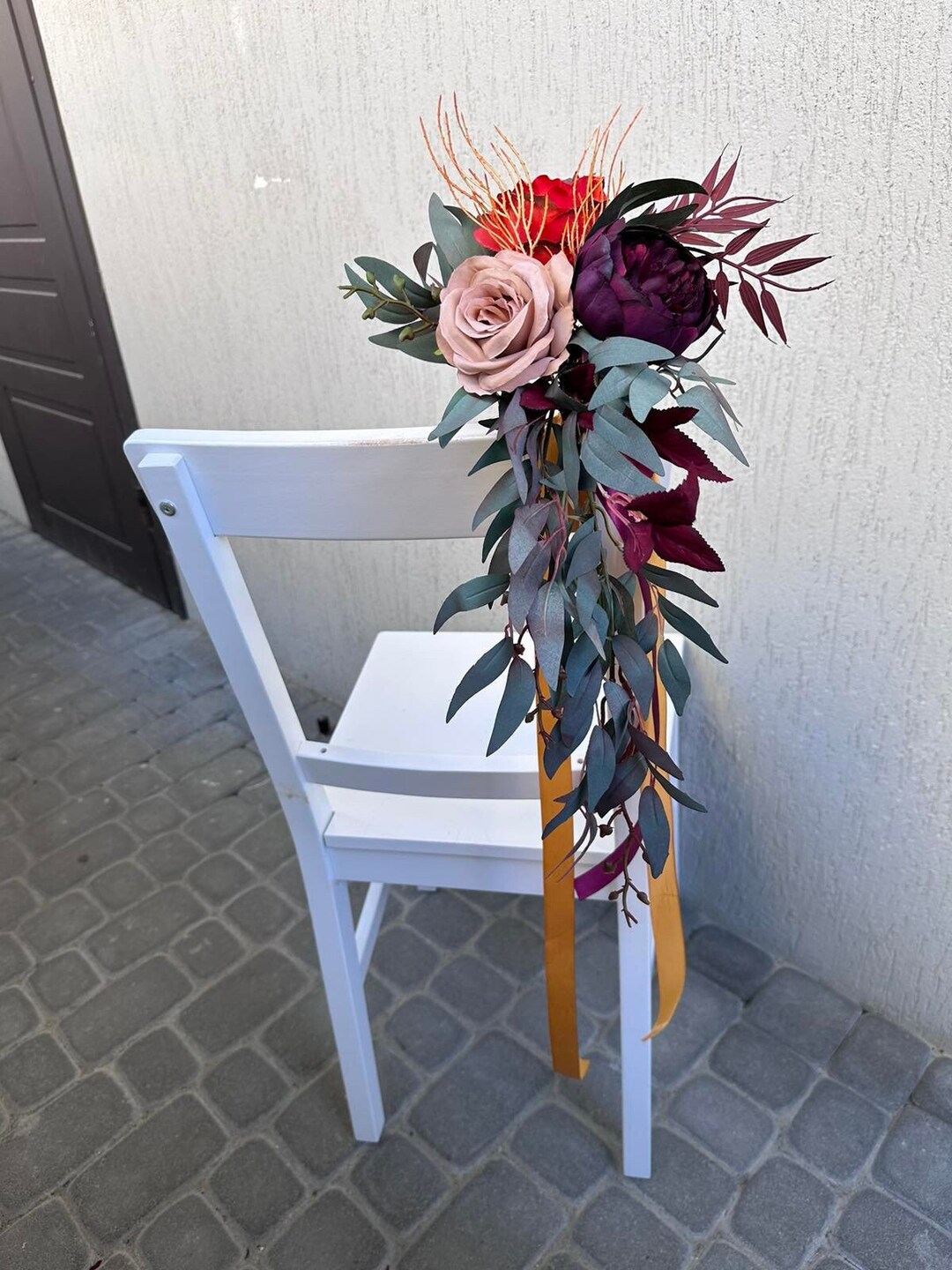Burgundy Orange Chair Swag, Gothic Wedding Decor, Fall Wedding Flowers ...