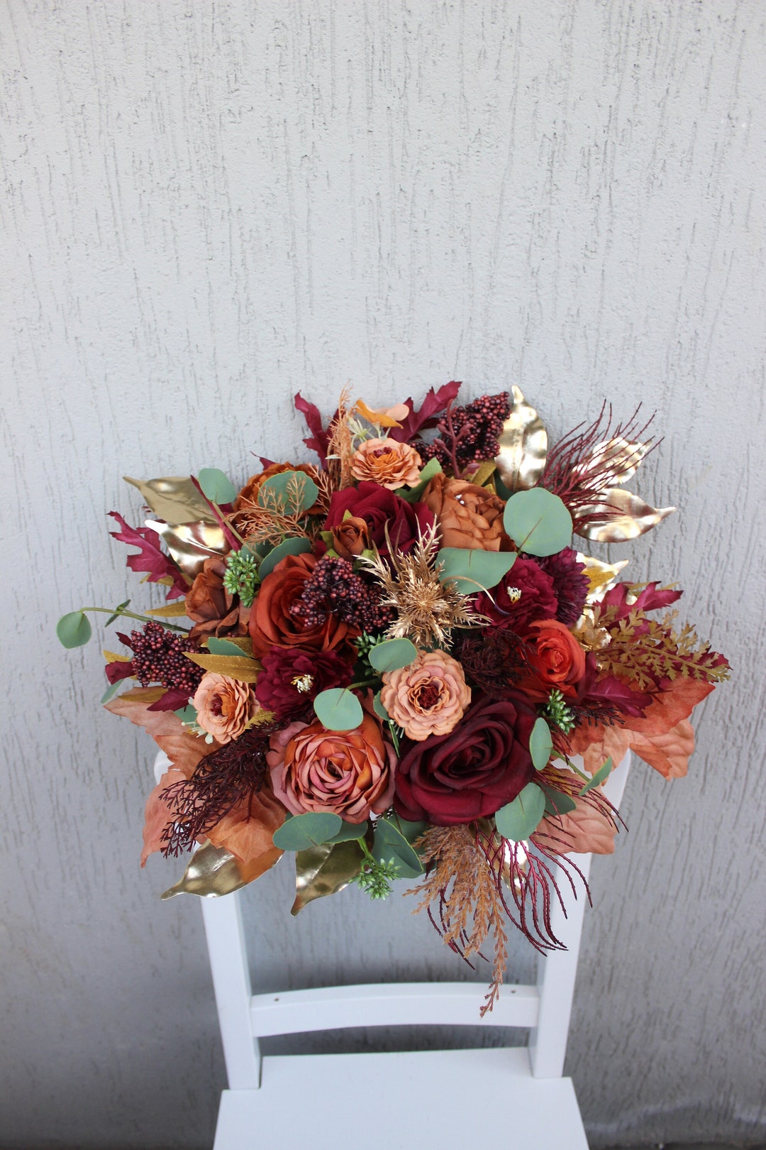Rust Burgundy Gold Wedding Bouquet, Fall Wedding Bouquet, Boho Bridal ...