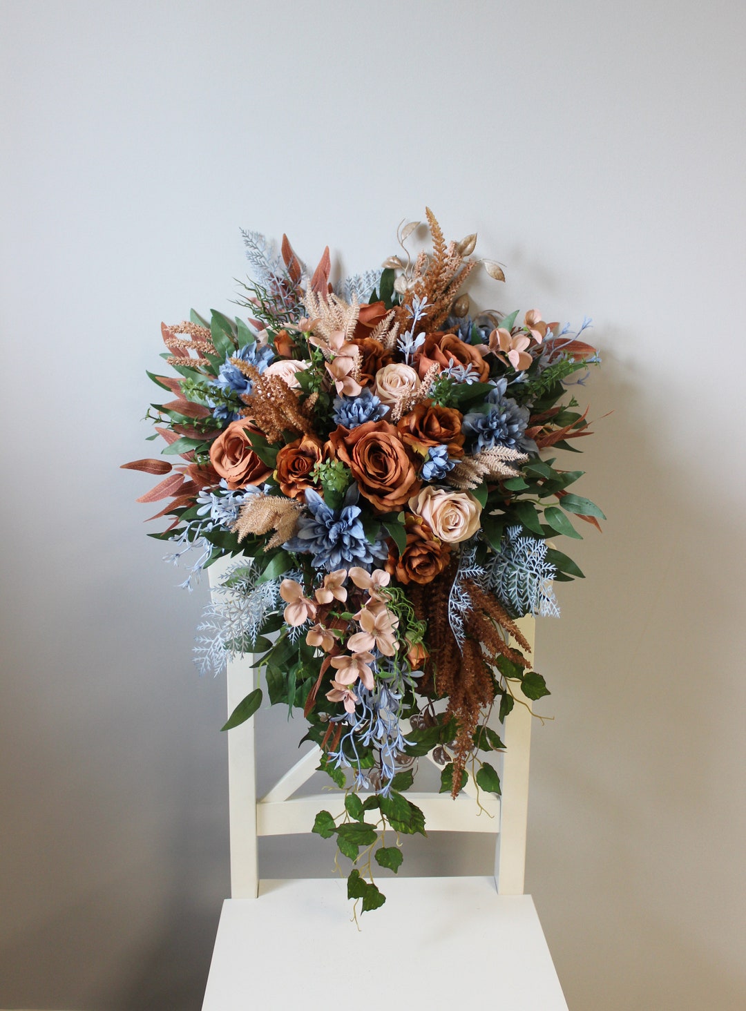 Rust Terracota Blush Dusty Blue Wedding Bouquet, Cascading Bouquet ...