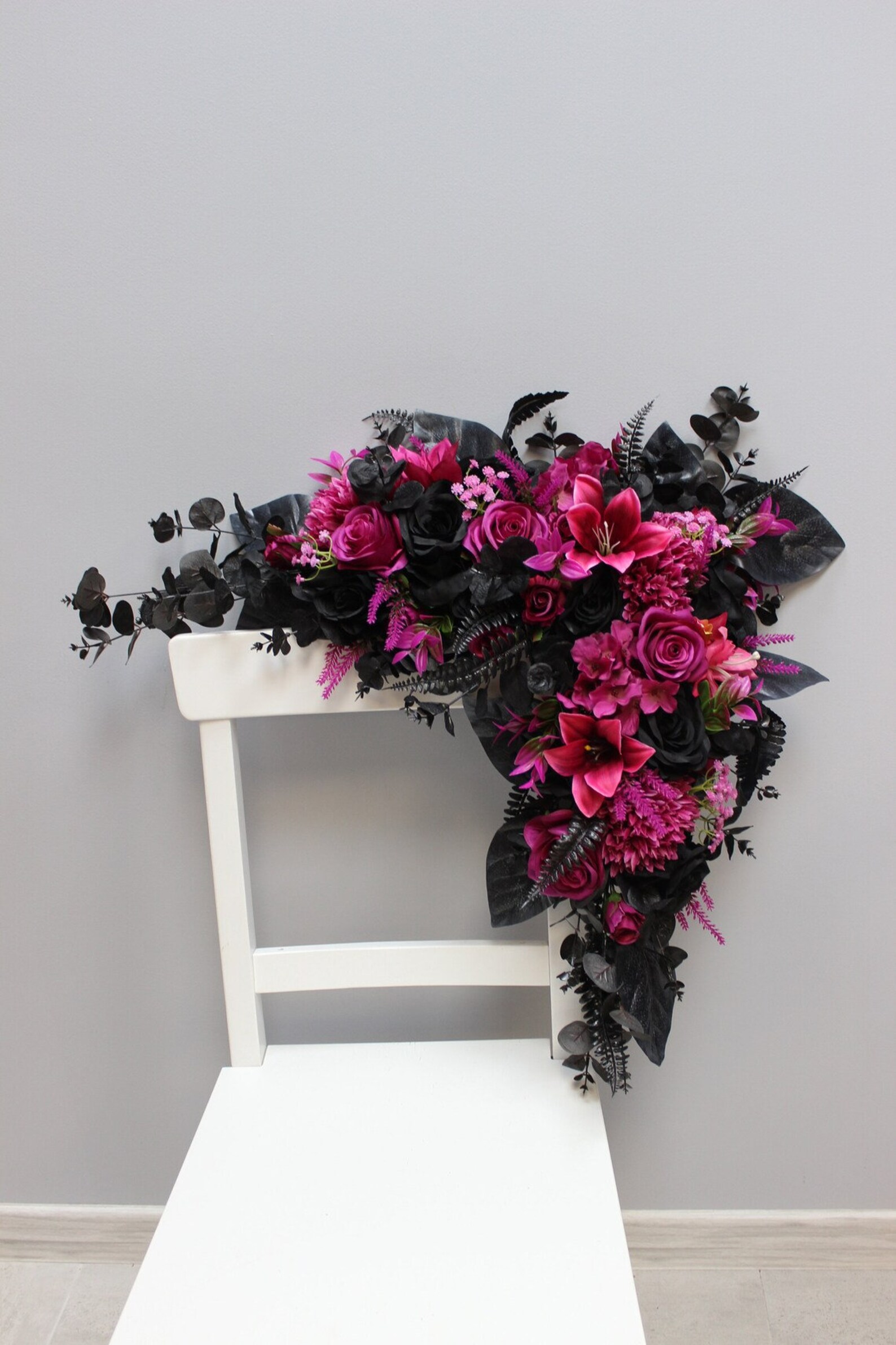 Fuchsia Black Silver Bouquet, Gothic Wedding Bouquet, Cascading Hot ...