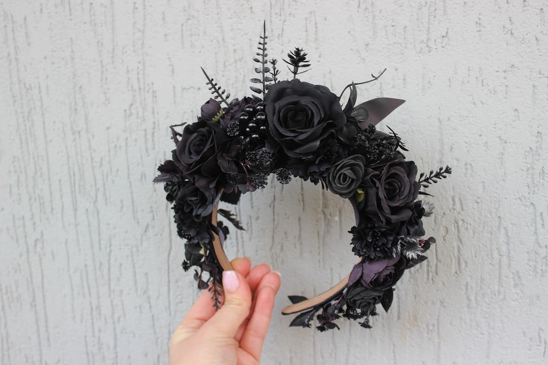 Total Black Hair Crown Gothic Wedding Flower Crown Gothic Bride ...