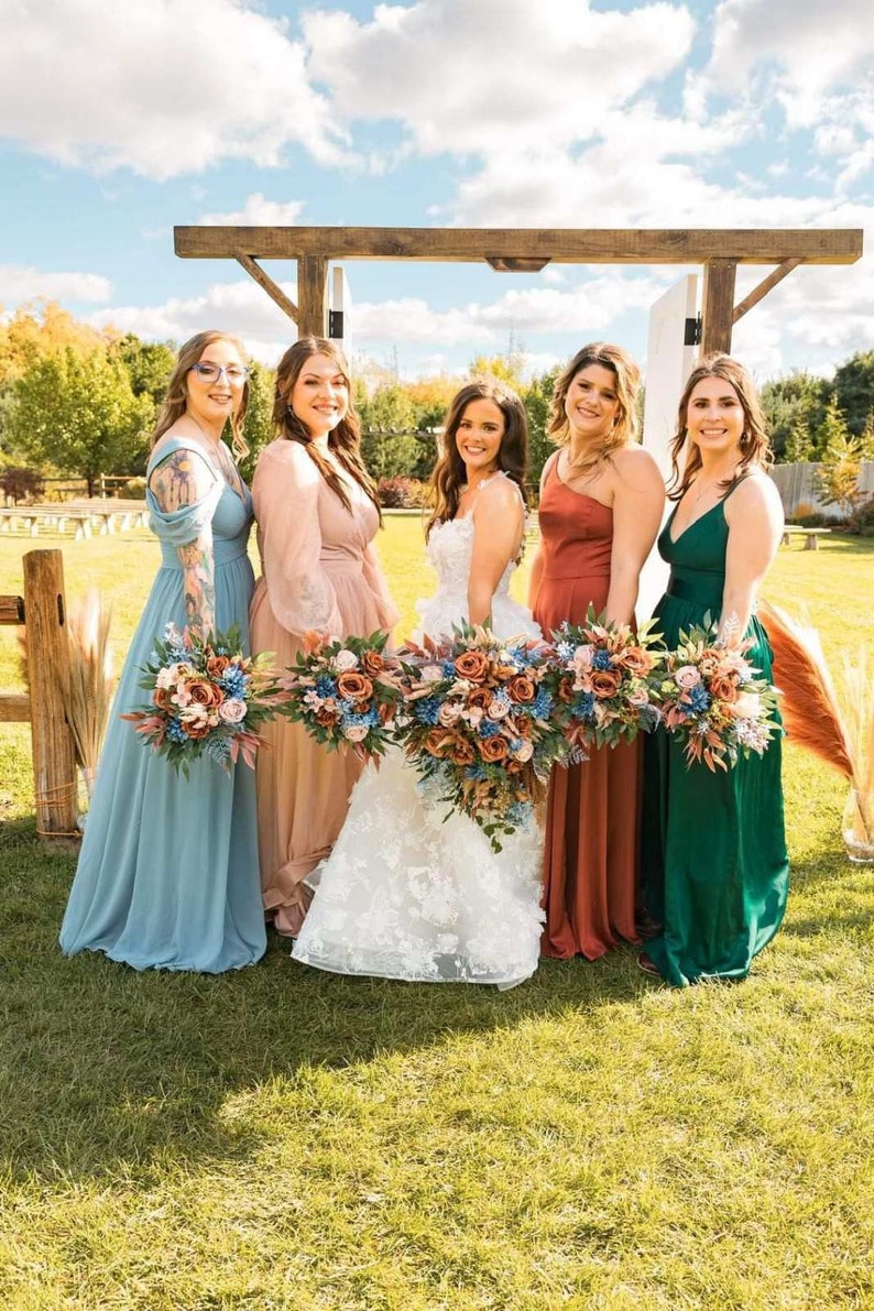 Rust Terracota Blush Dusty Blue Wedding Bouquet, Cascading Bouquet ...