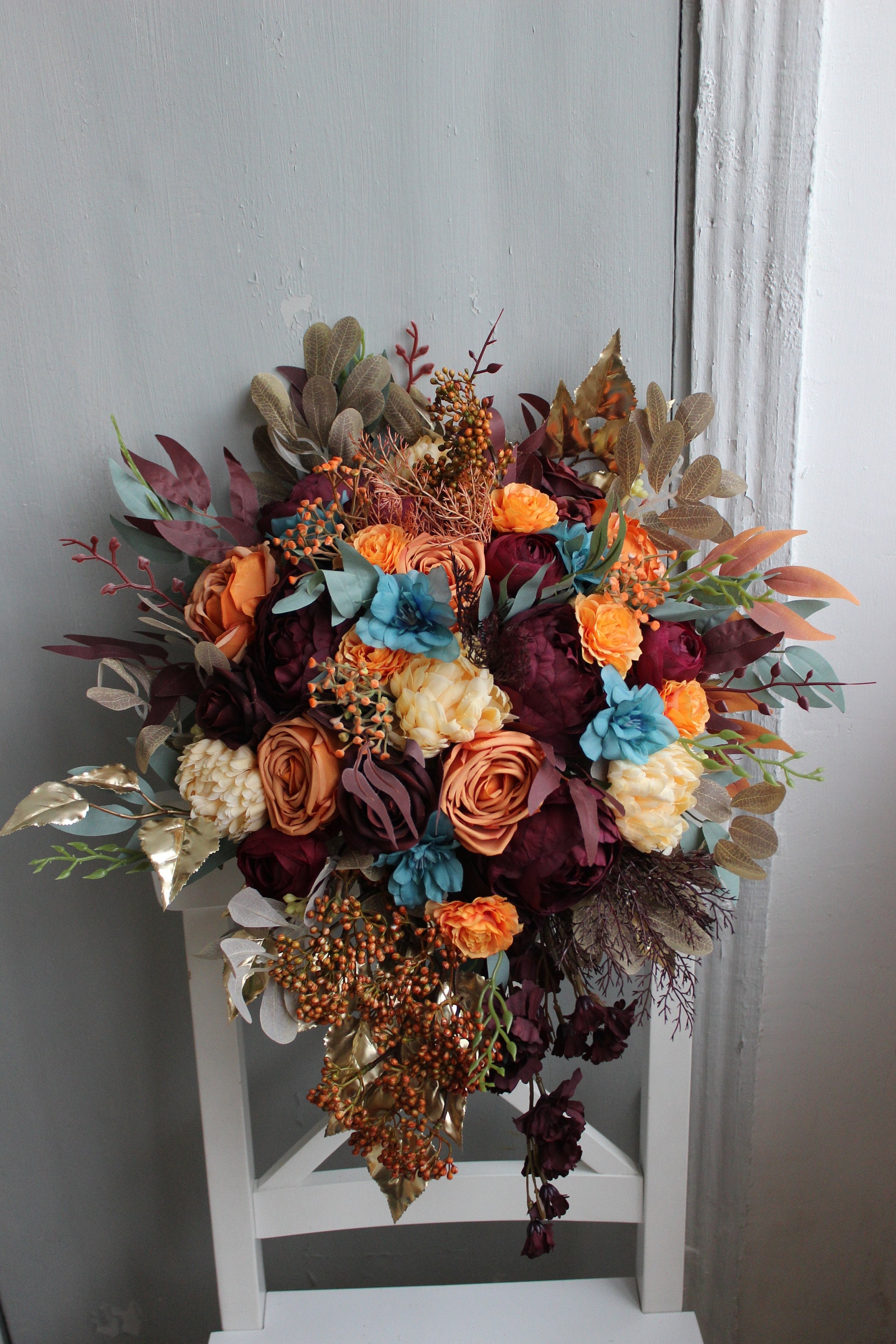 Rust Teal Burgundy Wedding Bouquet Cascading Bouquet Fall - Etsy