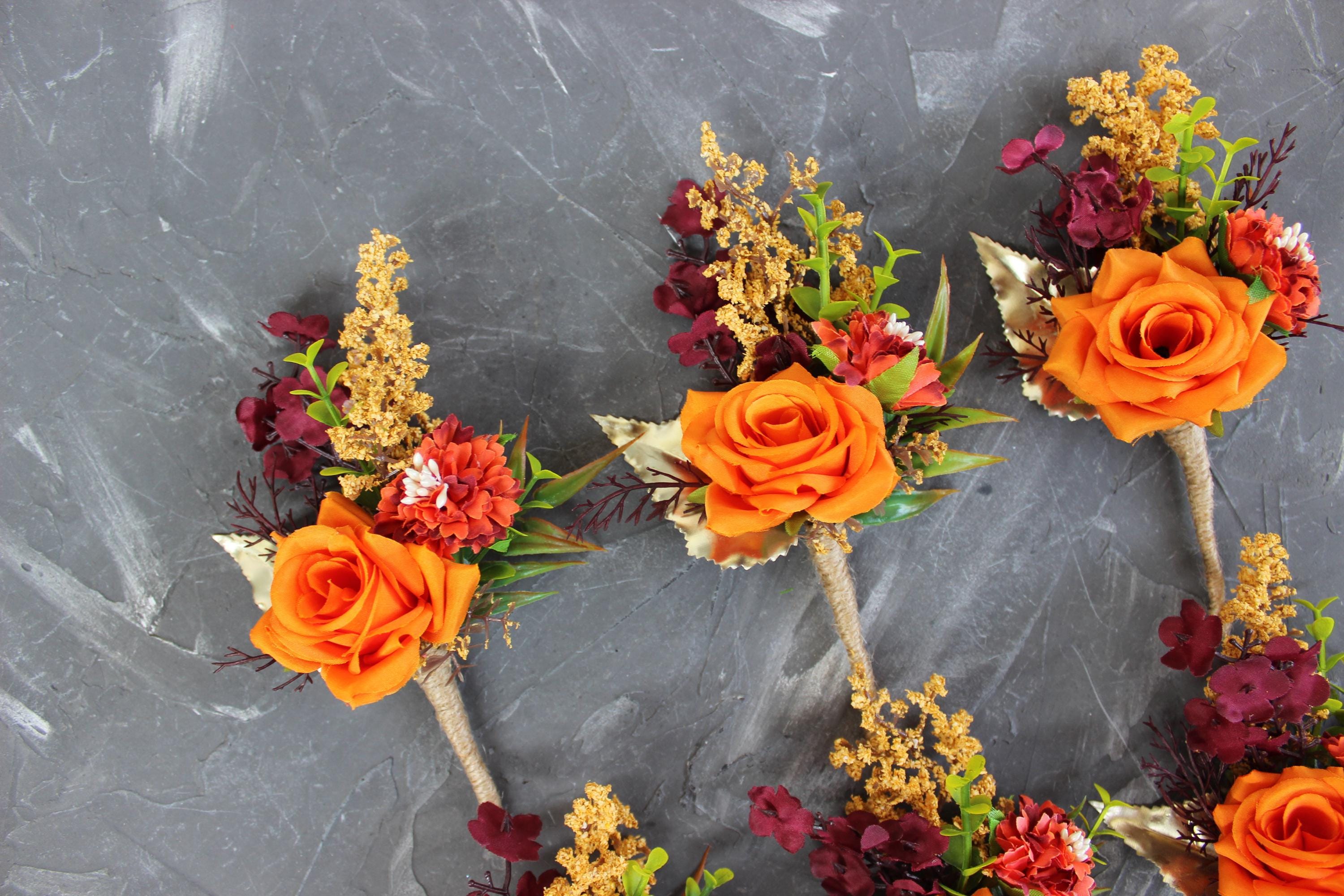 Orange Burgundy Boutonniere, Fiance Pocket Flowers, Groom Groomsman ...