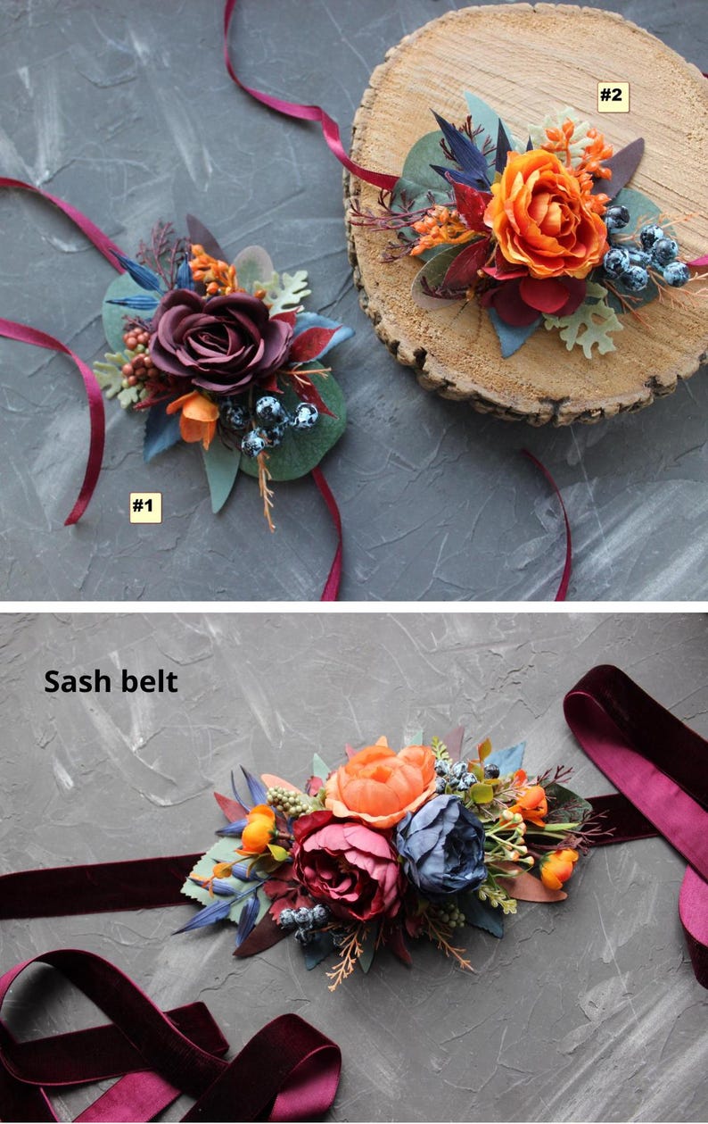 Burnt Orange Burgundy Bouquet With Blueberries, Bridal Silk Flower ...