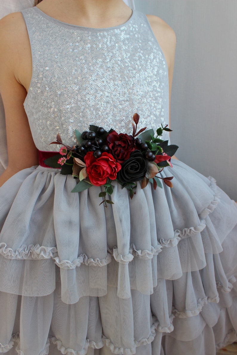 Black Burgundy Bridal Sash Gothic Wedding Sash Belt Flower | Etsy