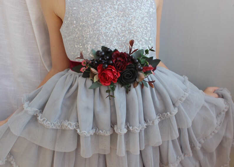 Black Burgundy Bridal Sash Gothic Wedding Sash Belt Flower | Etsy