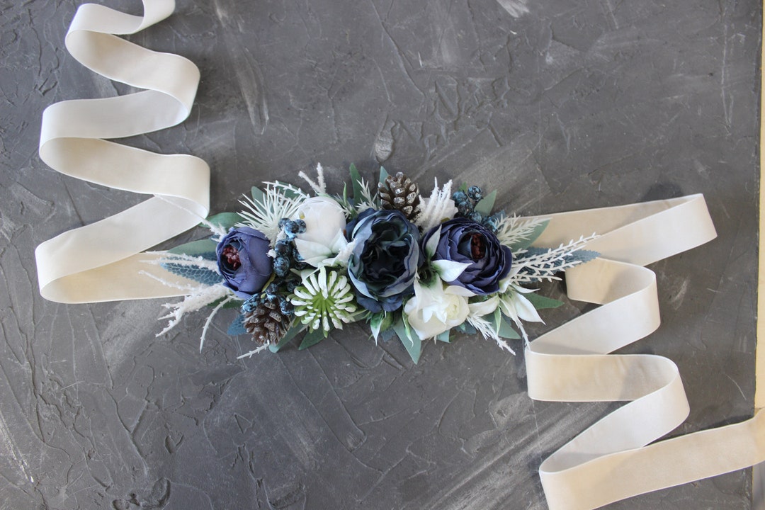 Navy Ivory Sash Belt, Winter Wedding Sash, Wedding Sash Belt With Pines ...