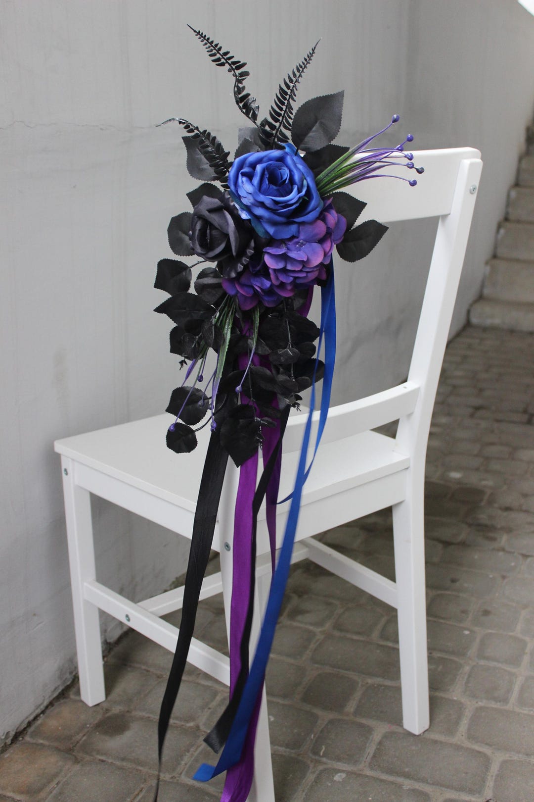 Blue Purple Black Chair Bouquet Gothic Wedding Chair Flowers Celestial ...