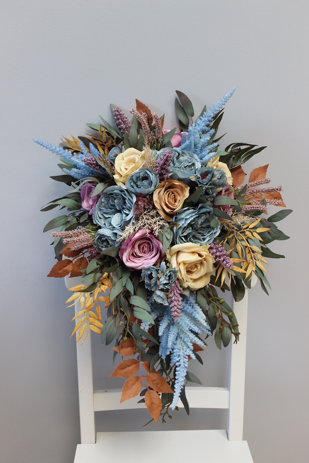 Dusty Blue Rust Mauve Bouquet, Cascading Wedding Bouquet, Boho Bridal ...