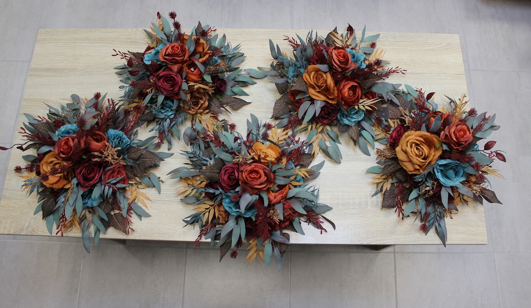 Dark Teal Rust Burgundy Table Centerpiece, Wedding Table Decor, Fall ...