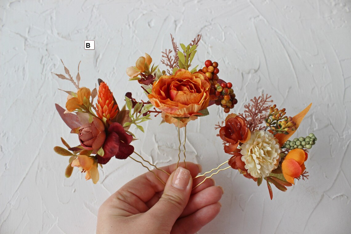 Rust Orange Flower Hair Pins, Burnt Orange Wedding Hair Pins ...