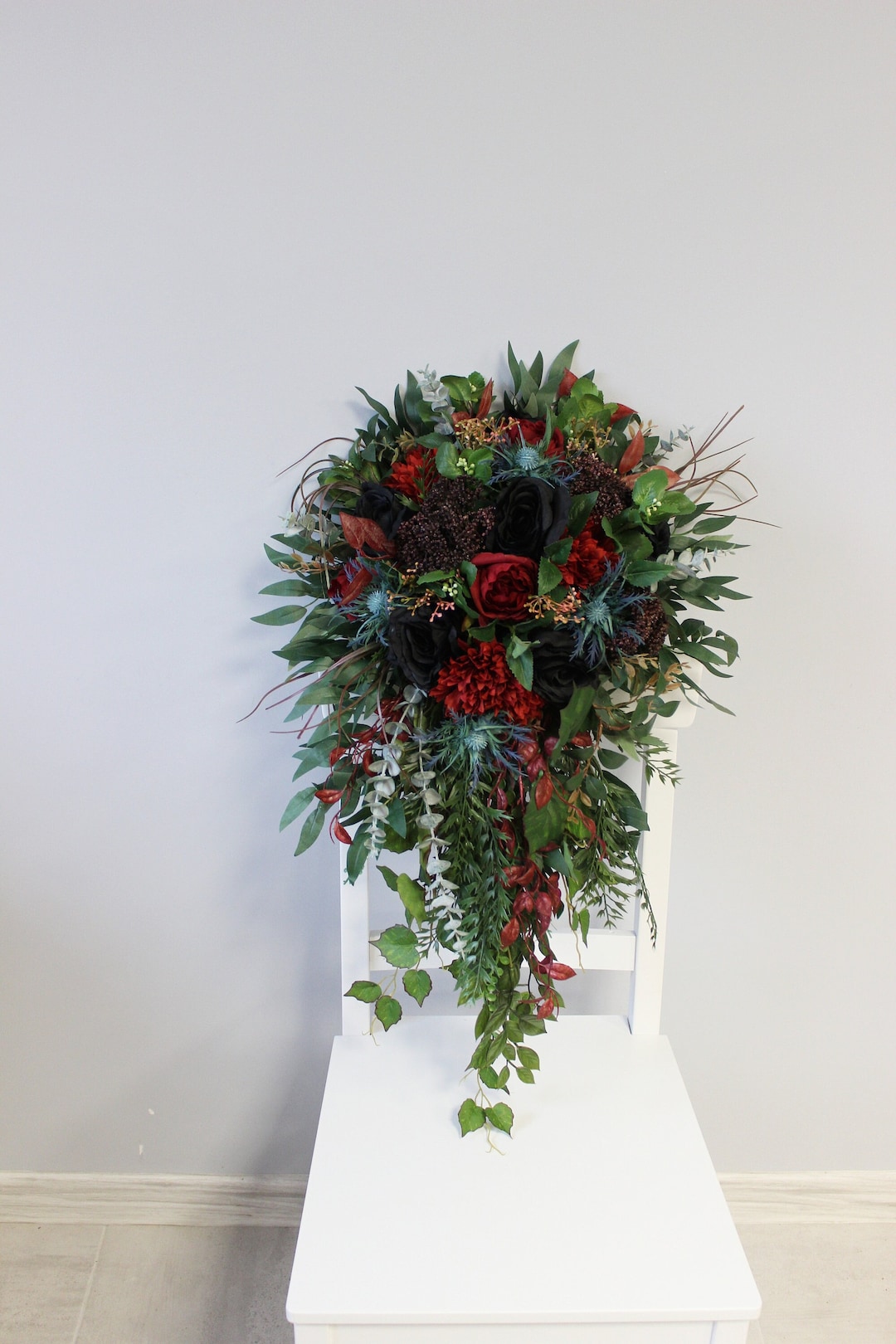 Deep Red Green Black Wedding Bouquet, Fall Wedding Bouquet, Wedding ...