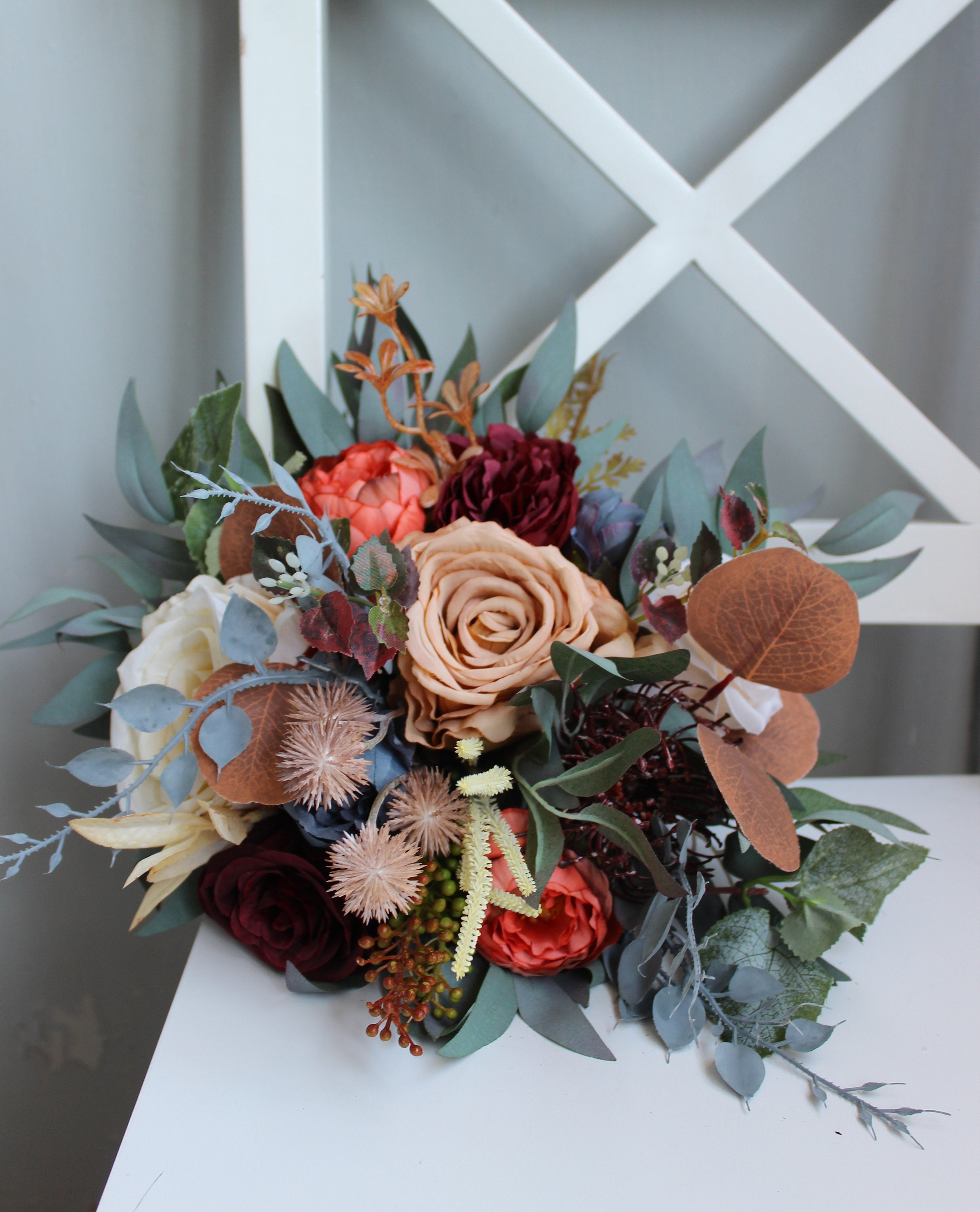 Light rust burgundy navy wedding bouquet Cascading bouquet | Etsy