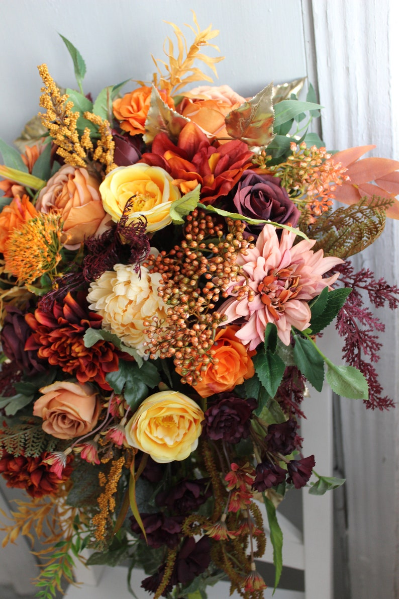 Orange Rust Burgundy Bouquet Fall Wedding Bouquet Boho - Etsy