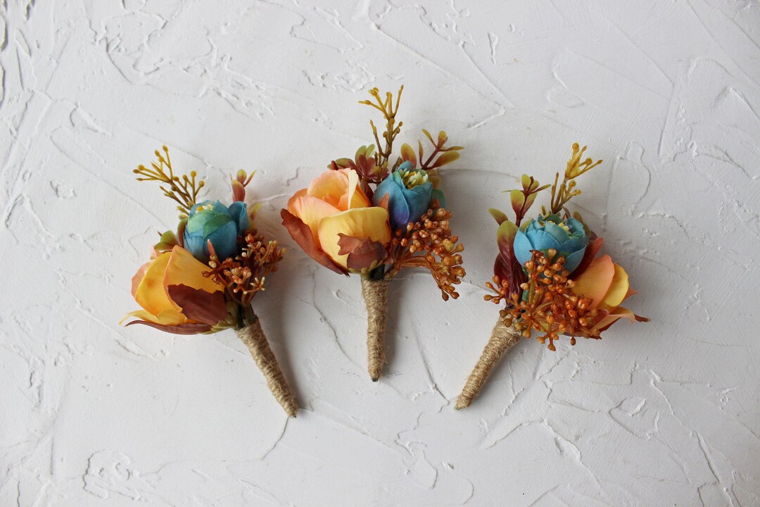 Orange Teal Boutonniere for Men, Wedding Buttonhole, Fall Wedding ...