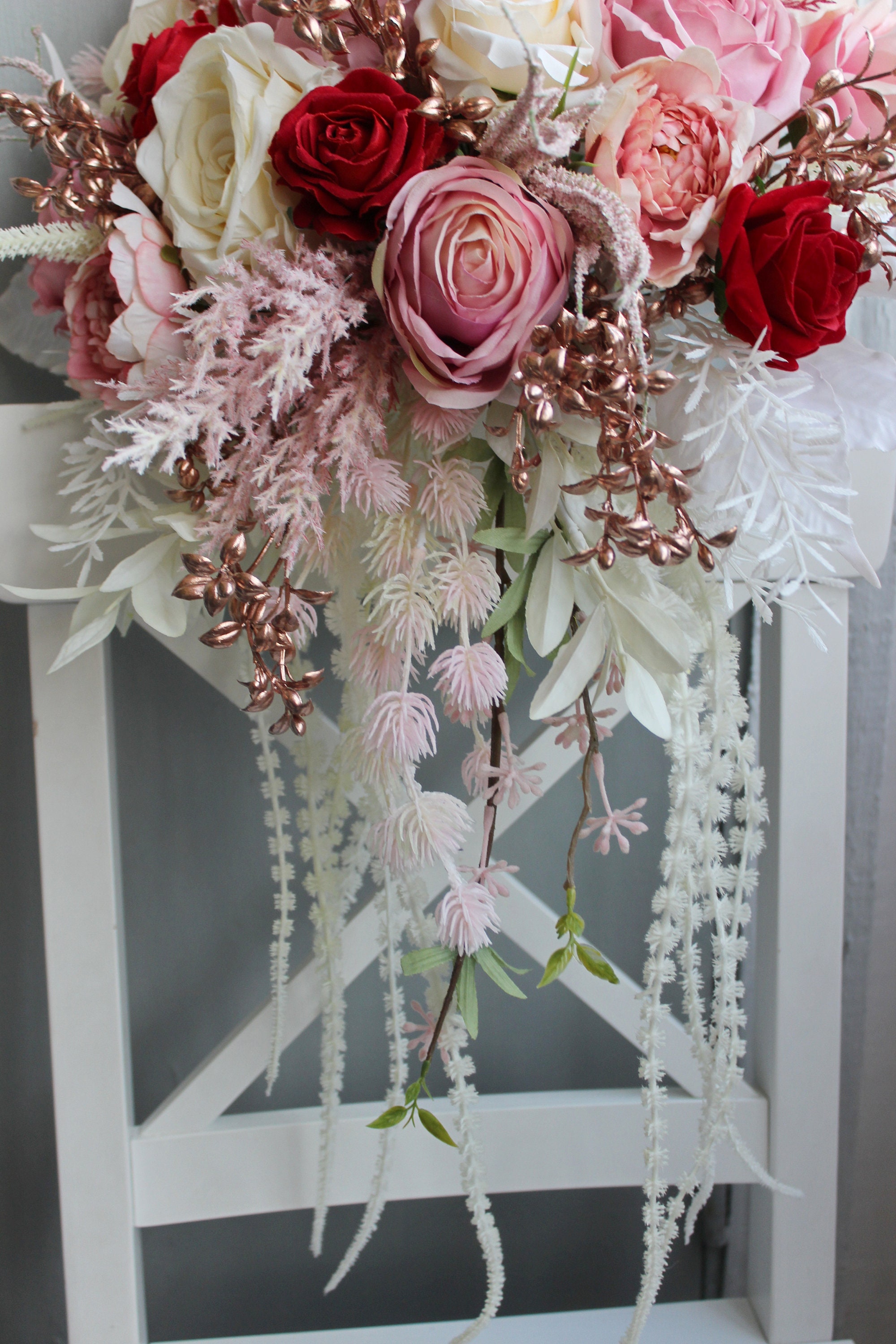 Rose gold ivory red wedding bouquet Cascading bouquet Boho | Etsy