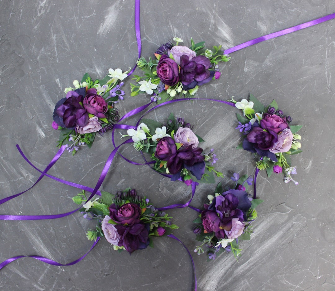 Purple Green Wrist Corsage, Wildflower Bracelet, Colorful Wedding ...