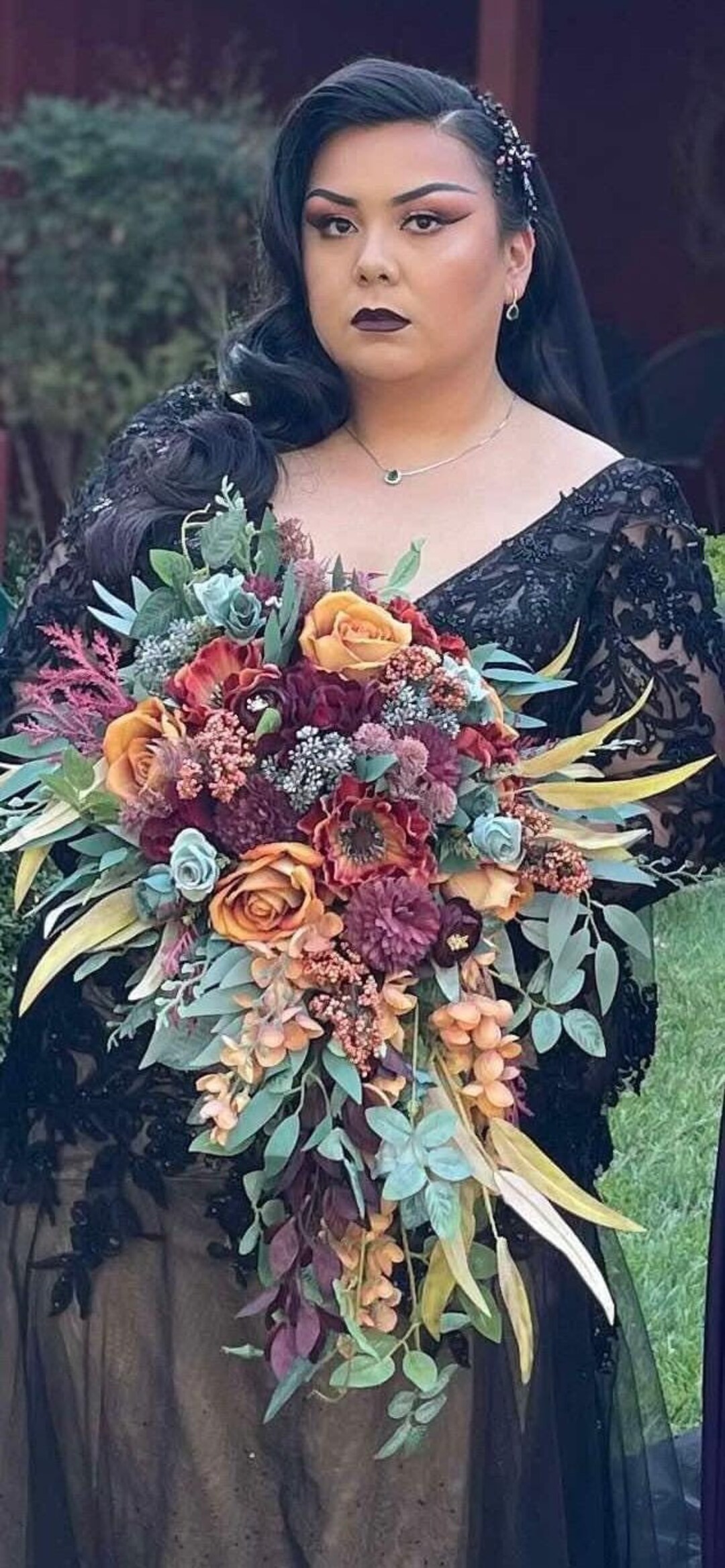 Burgundy Rust Teal Wedding Bouquet, Cascading Bridal Bouquet, Rust ...
