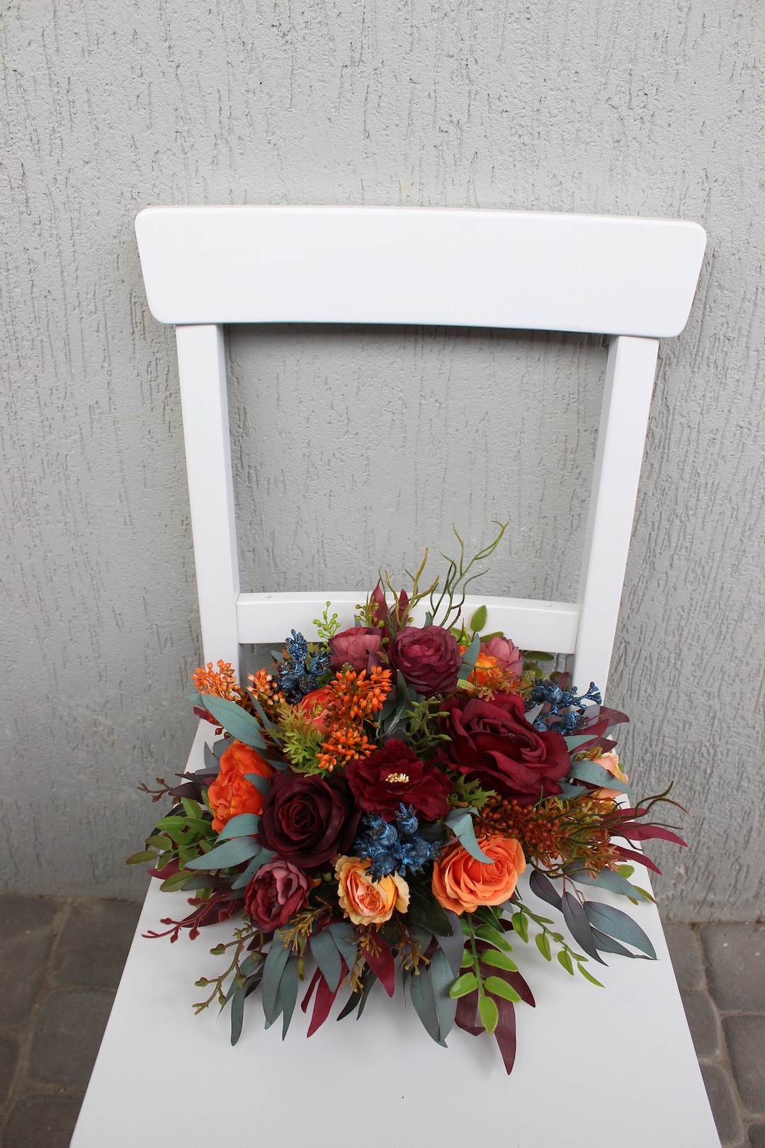 Burnt Orange Burgundy Centerpiece, Table Bouquet With Blueberries, Silk ...