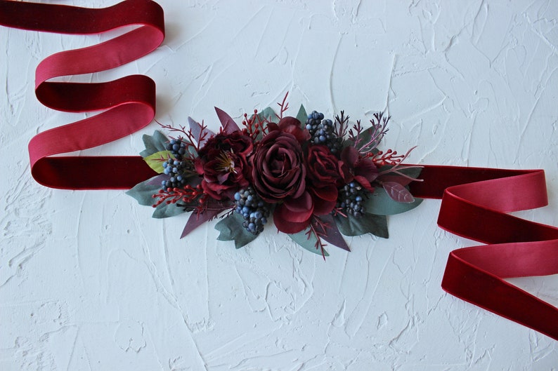 Burgundy Bridal Sash Gothic Wedding Sash Belt Flower Girl - Etsy