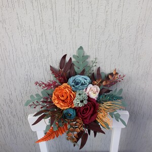 Teal Blush Burgundy Rust Orange Bouquet, Cascading Bouquet, Fall ...